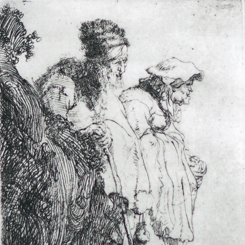 Bedelaar en bedelares, komende achter een heuveltje - Etchings by Rembrandt